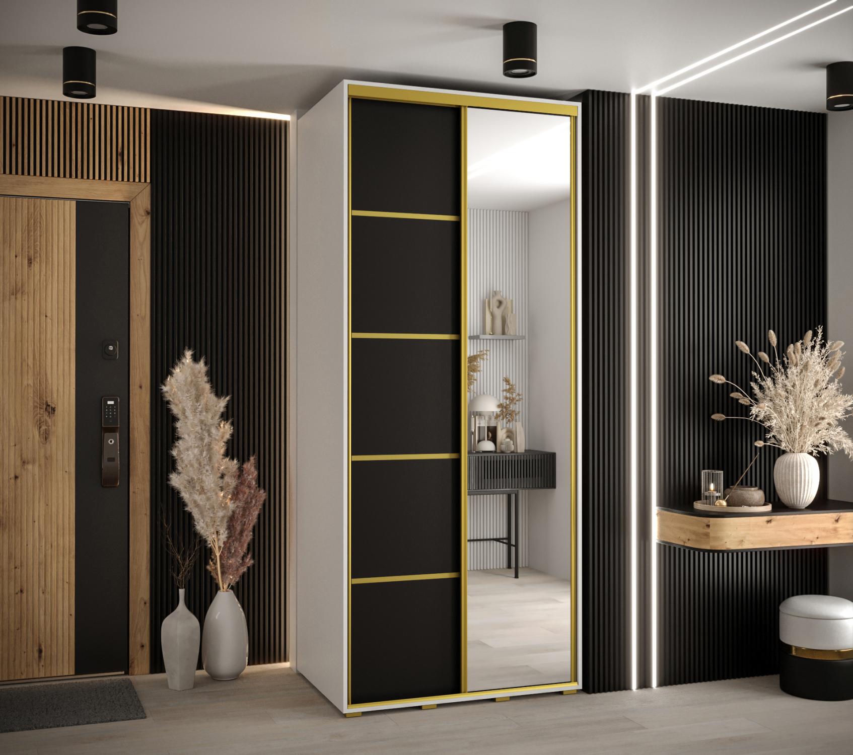 ASIRI 5 gardróbszekrény - 120/45 cm, fehér / fekete / arany