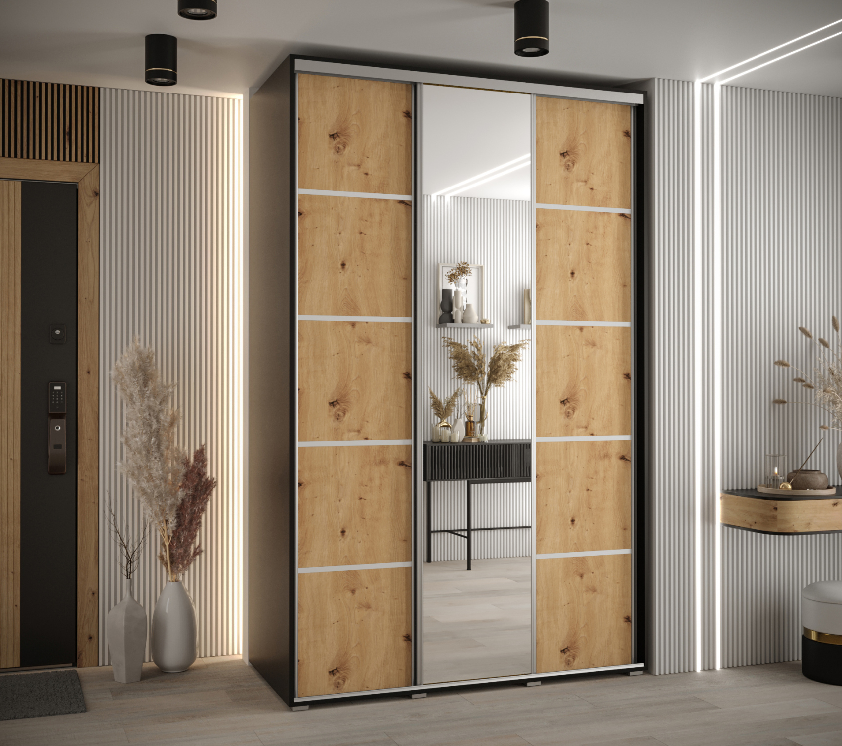 ASIRI 5 gardróbszekrény - 160/60 cm, fekete / artisan tölgy / ezüst