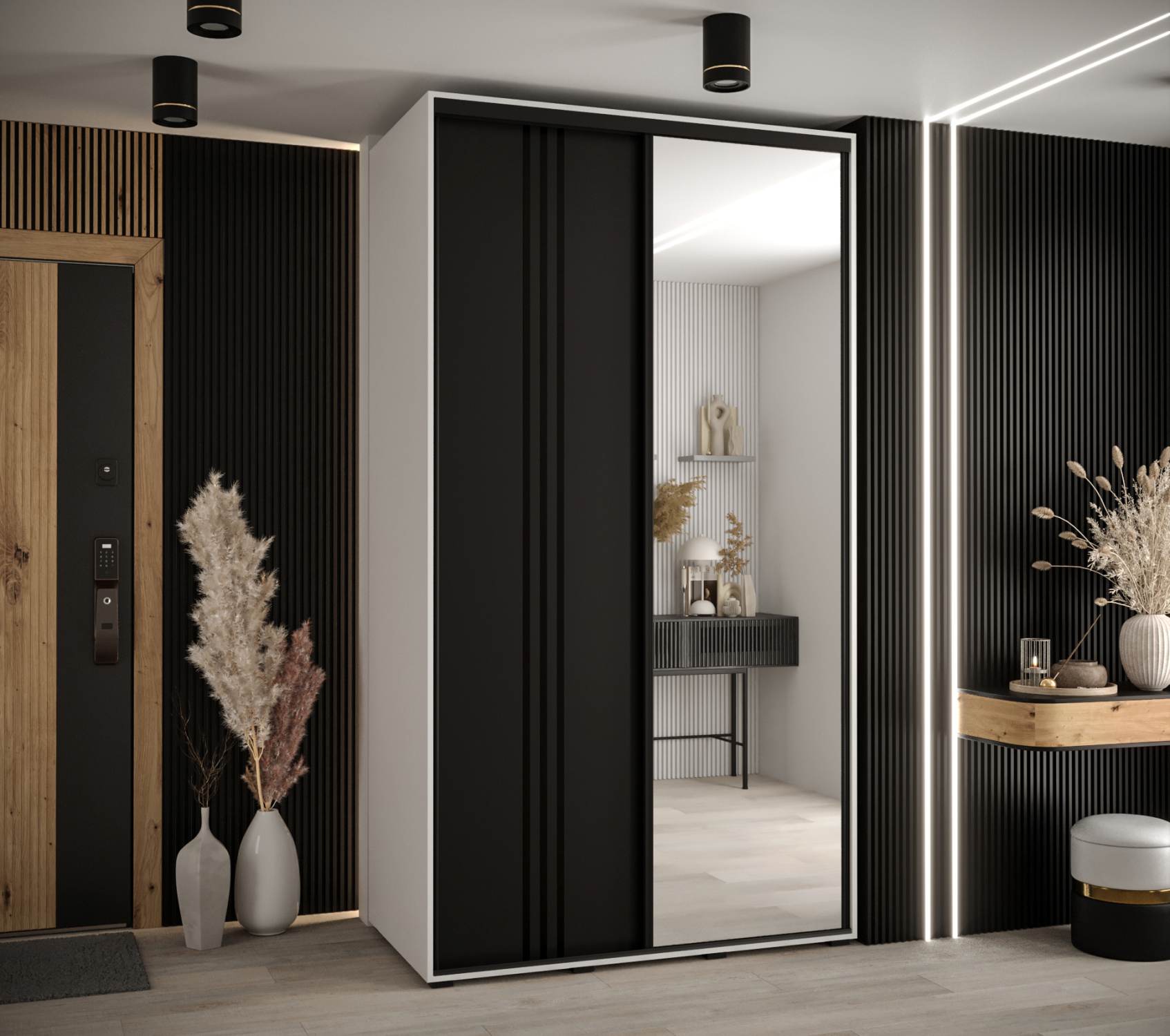 YVONA 7 gardróbszekrény - 140/60 cm, fehér / fekete / fekete