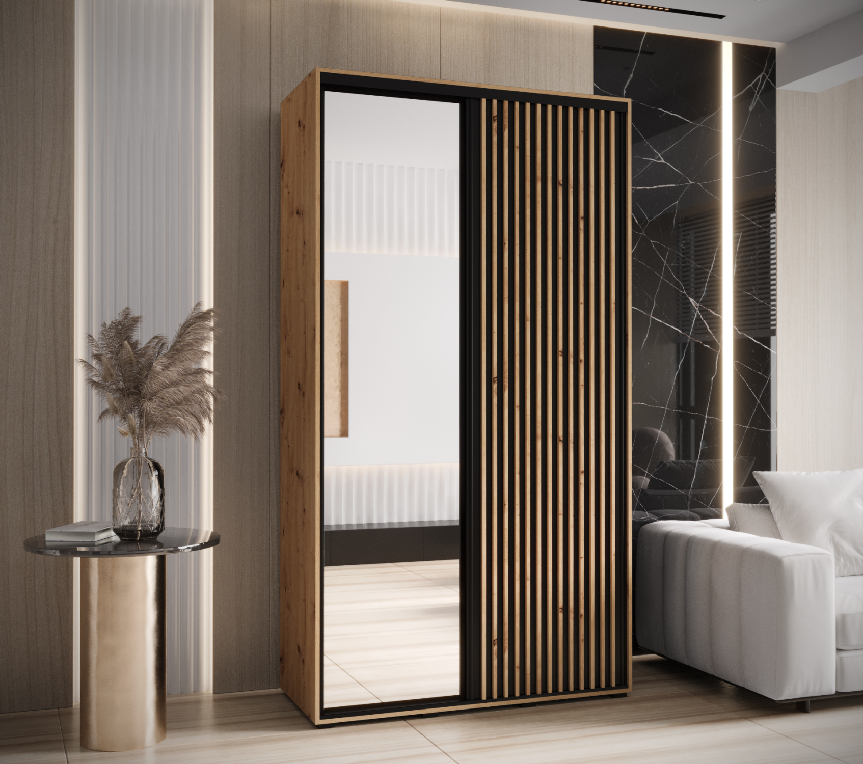 FIDELIA 2 gardróbszekrény - 140/60 cm, artisan tölgy / fekete / artisan tölgy